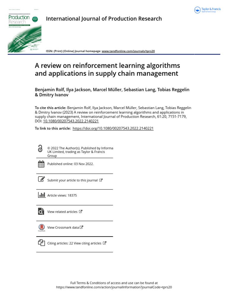 A Review On Reinforcement Learning Algorithms And Applications In Supply Chain Management Pdf