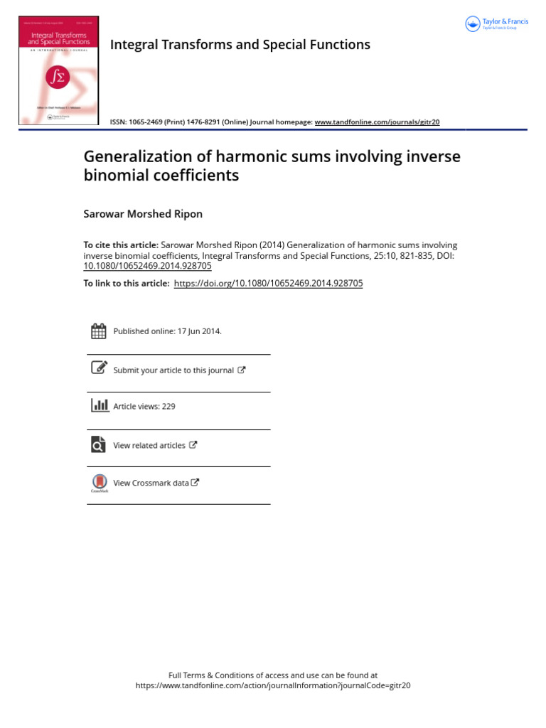 Generalization of Harmonic Sums Involving Inverse Binomial Coefficients ...