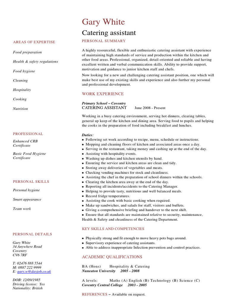 Catering Assistant CV Template Sample | PDF | Kitchen | Chef