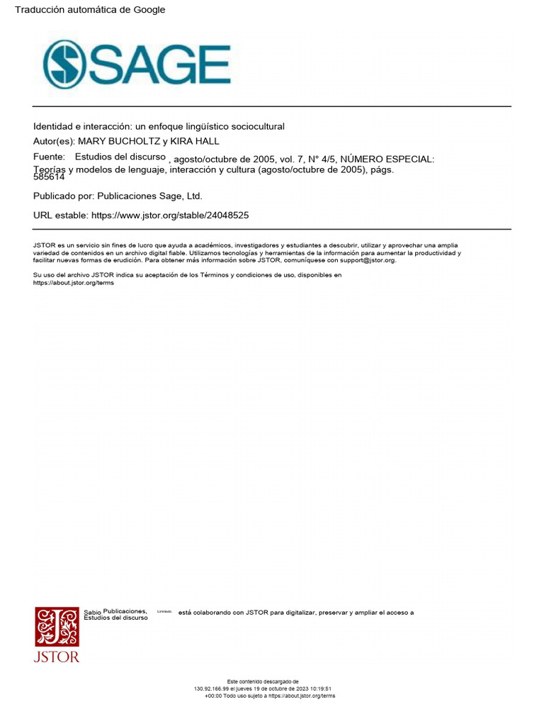 BUCHOLTZ Identityinteractionsociocultural 2005 Es | PDF | Lingüística ...