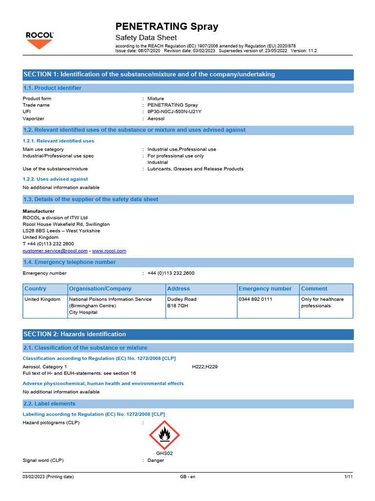 ROCOL PENETRATING SPRAY Datasheet | Download Free PDF | Toxicity ...