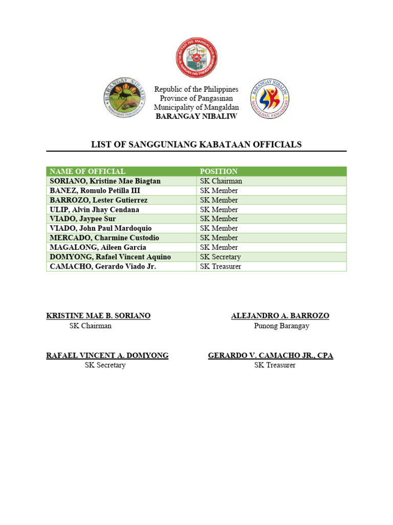 SK Officials List in Barangay Nibaliw | PDF