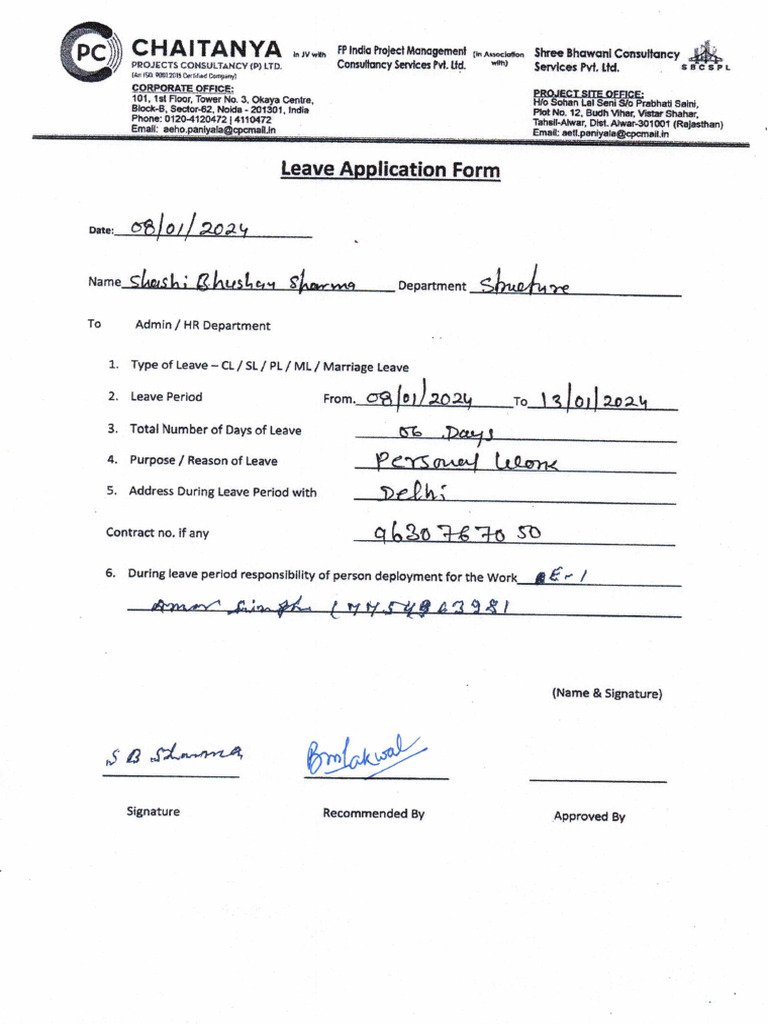 Leave Application Shri S.B. Sharma Bridge Engineer - II | PDF
