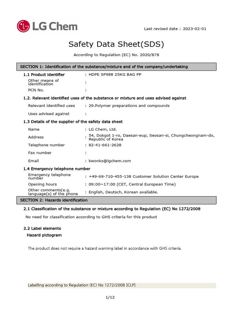 MSDS Hdpe LG SP988 | PDF | Toxicity | Safety