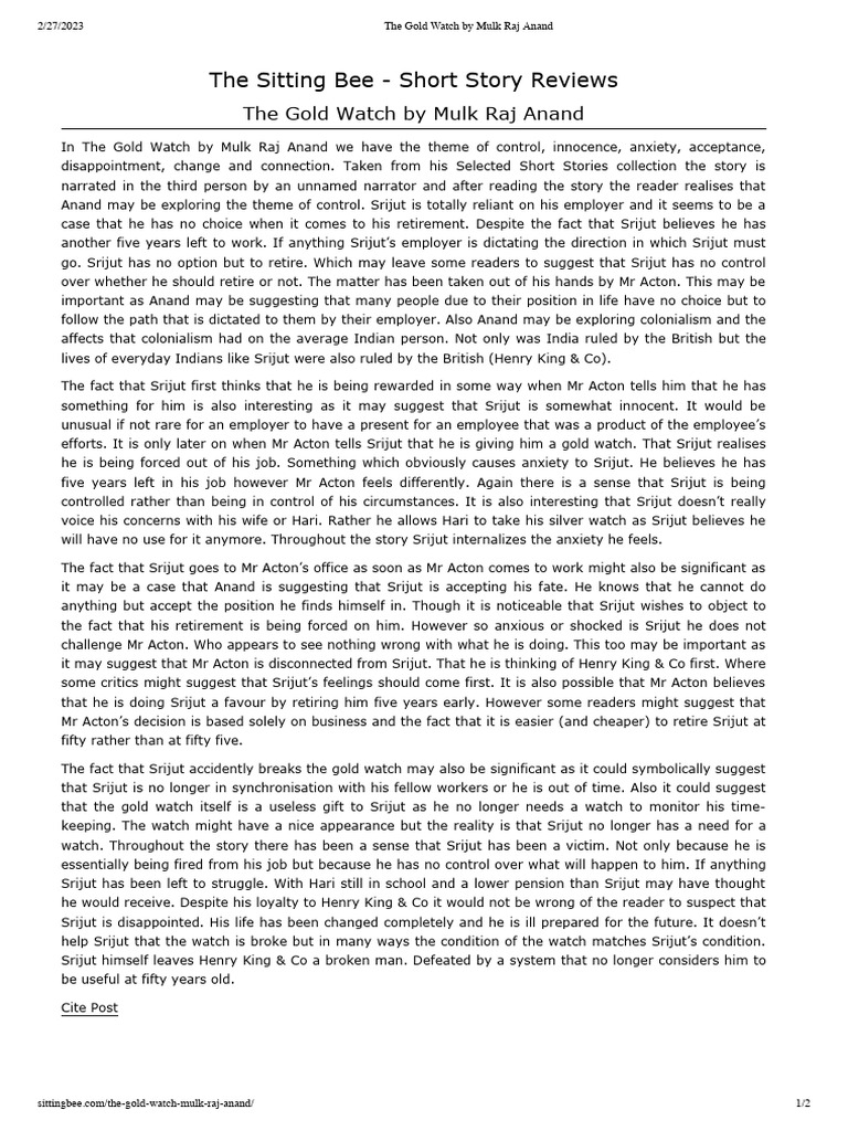 Analysis of "The Gold Watch" Theme | PDF
