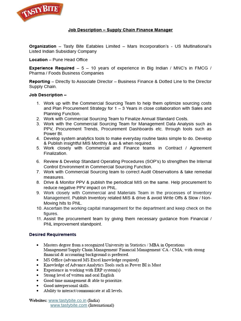 JD - Supply Chain Finance Manager | PDF | Procurement | Supply Chain