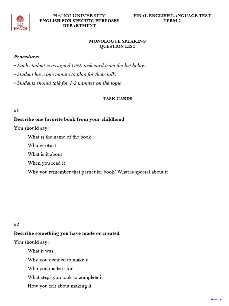 Espd - Final Term 2 Monologue Speaking Test Question Paper 22 3 2020 1 ...