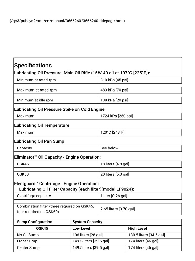 Oil Press and Level Spesification QSK45 and QSK60 | PDF | Litre | Engines