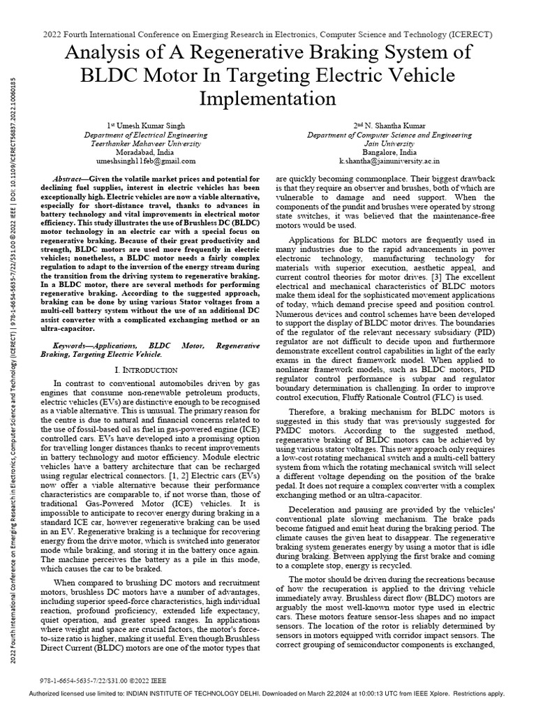 Analysis of A Regenerative Braking System of BLDC Motor in Targeting Electric Vehicle ...