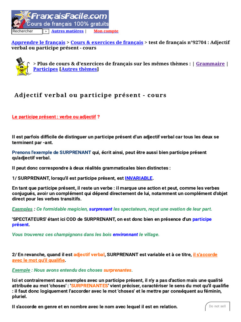 Adjectif Verbal Ou Participe Présent | PDF | Genre grammatical | Nombre ...