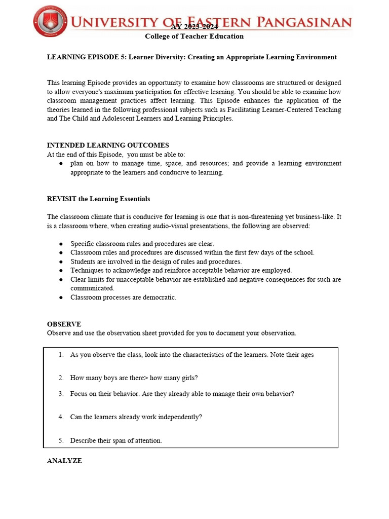 FS 1 Learning Episode 5 | Download Free PDF | Learning | Classroom ...