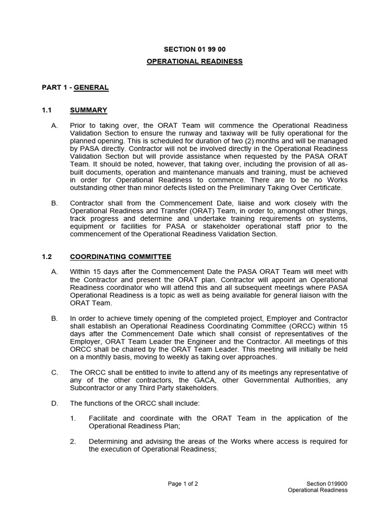 Section 019900 Operational Readiness Rev | PDF | General Contractor | Employment