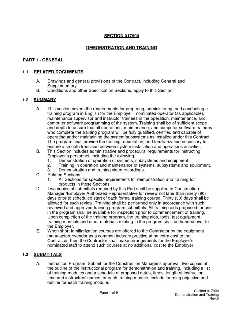Section 017900 Demonstration and Training - Rev0 | PDF | Elevator | System