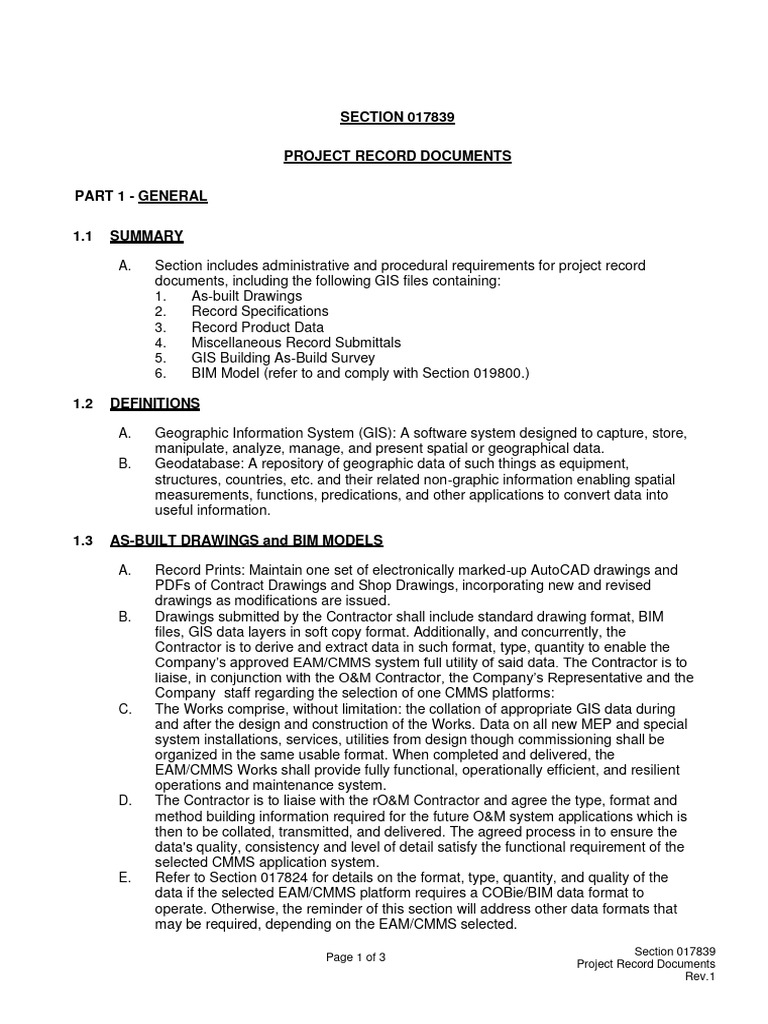 Section 017839 Project Record Documents - Rev1 | PDF | Building ...