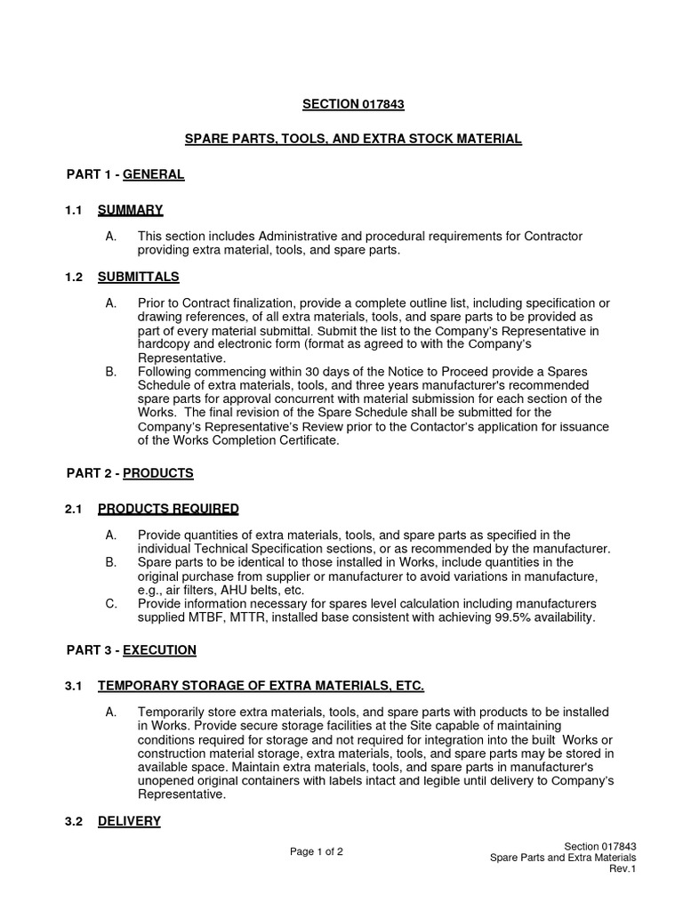 Section 017843 Spare Parts and Extra Materials - Rev1 | PDF