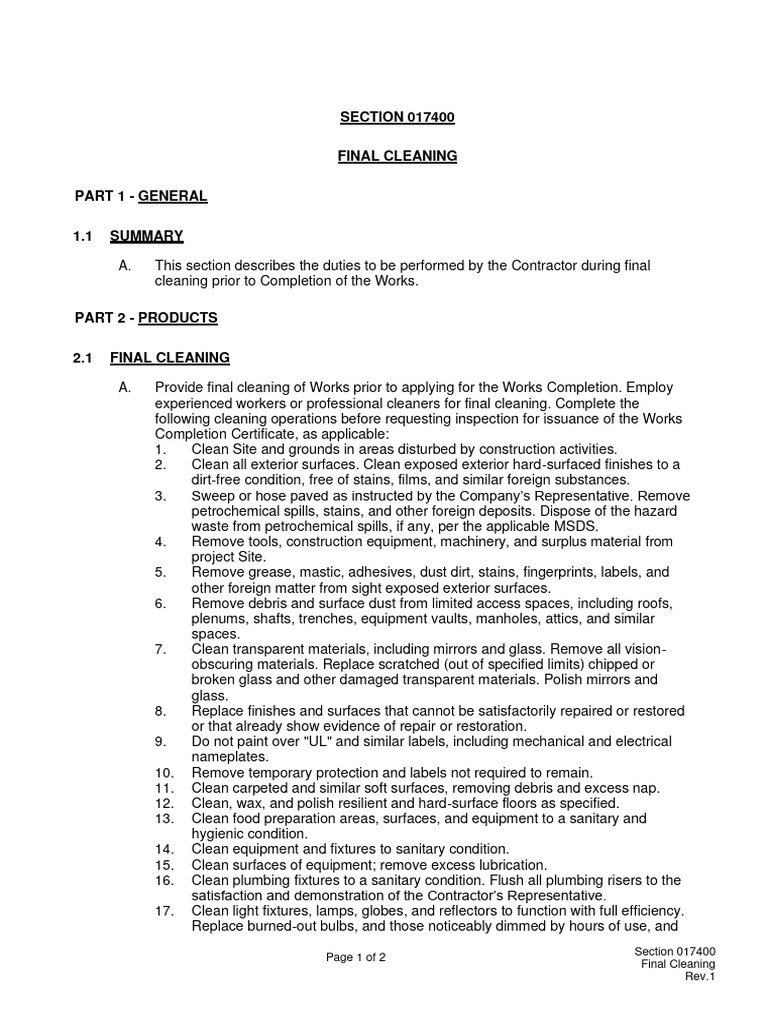 Section 017400 Final Cleaning - Rev1 | PDF | Duct (Flow) | Plumbing