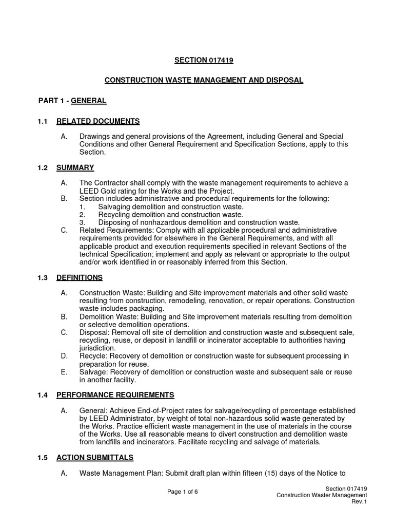 Section 017419 Construction Waster Management.Rev1 | PDF | Waste ...