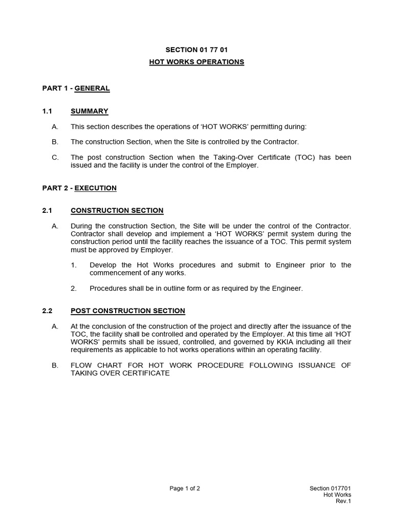 Section 017701 Hot Works Operations - Rev1 | PDF