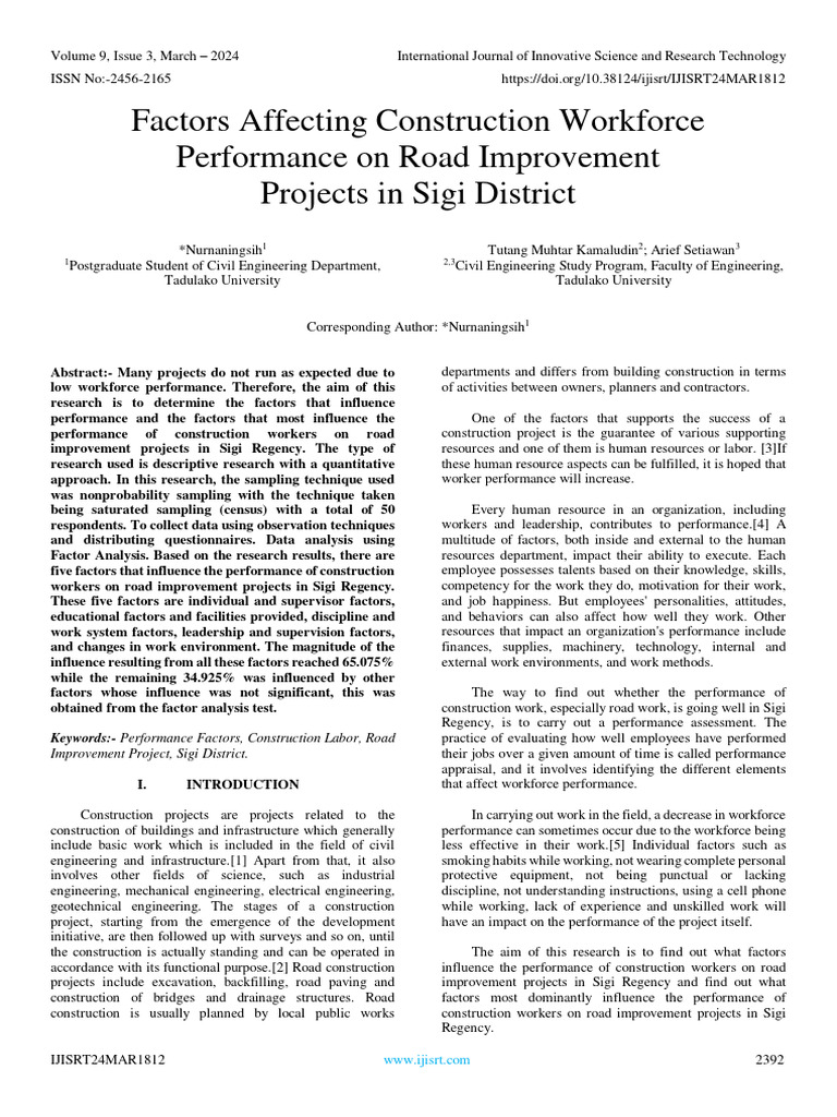 Factors Affecting Construction Workforce Performance On Road ... Factors Affecting Construction Workforce Performance On Road ...