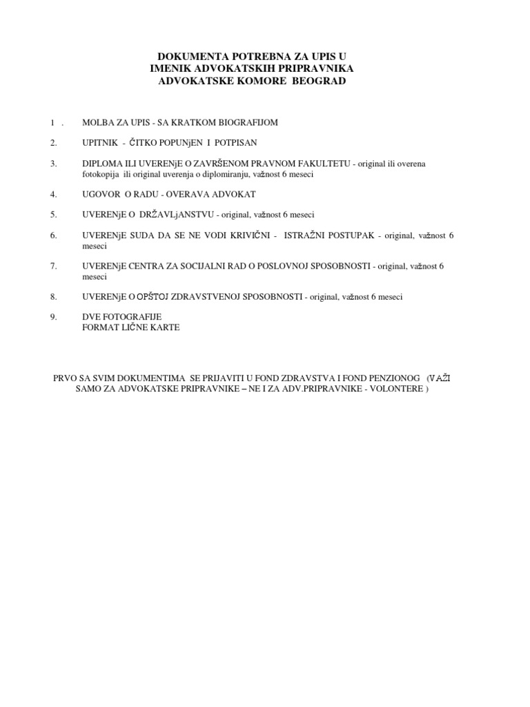 Dokumenta Potrebna Za Upis Advokatskih Pripravnika | PDF