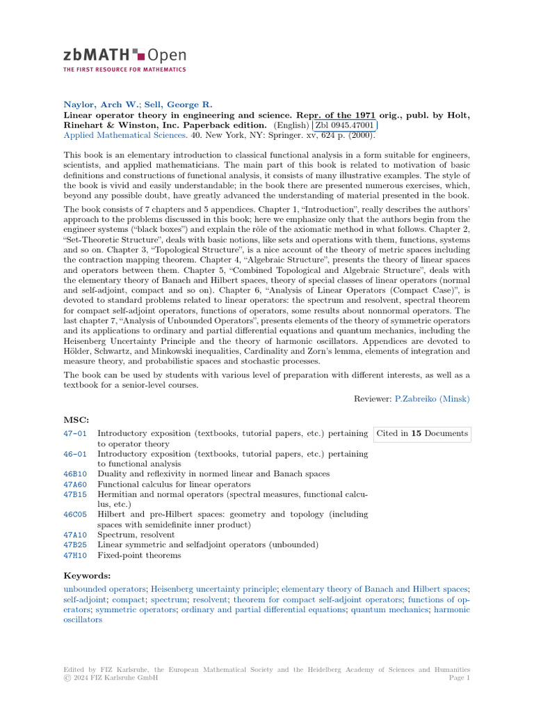 Review of Naylor and Sell's Linear Operator Theory in Engineering and ... Review of Naylor and Sell's Linear Operator Theory in Engineering and ...