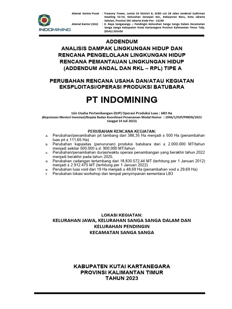 Rencana Perubahan Kegiatan PT Indomining | PDF