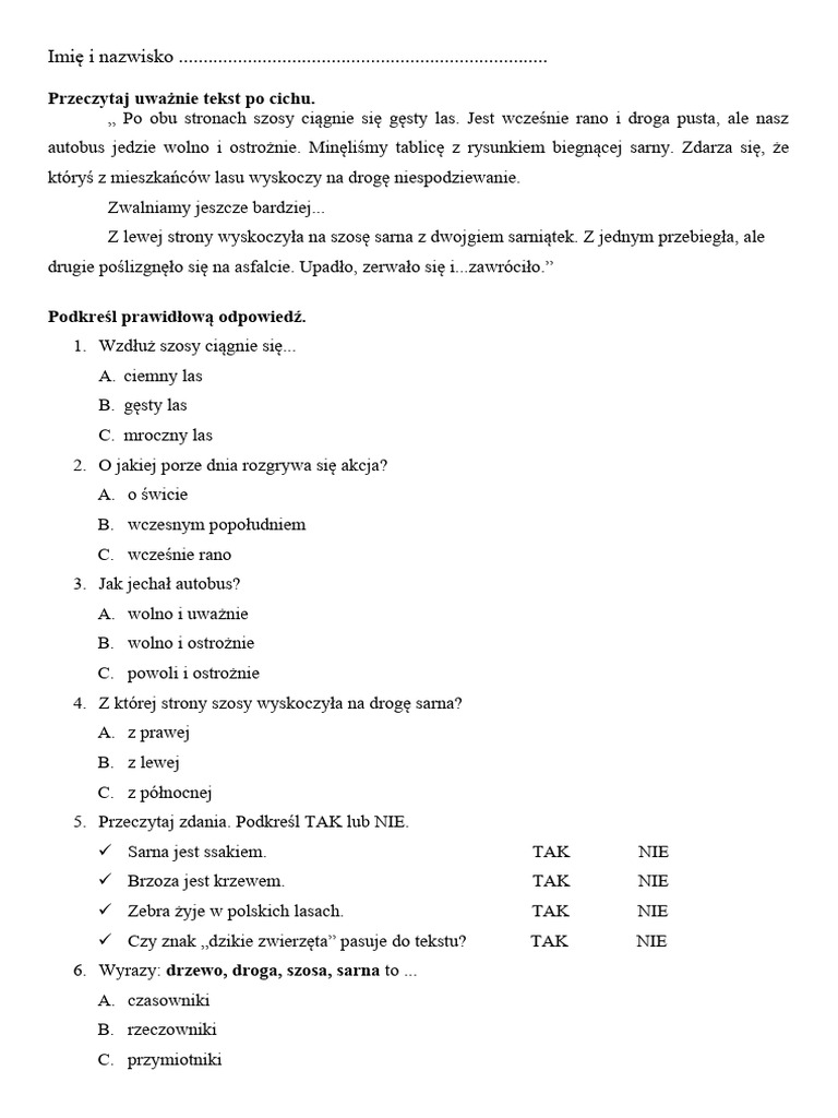 Test Czyt Ze Zrozumieniem KL - II | PDF
