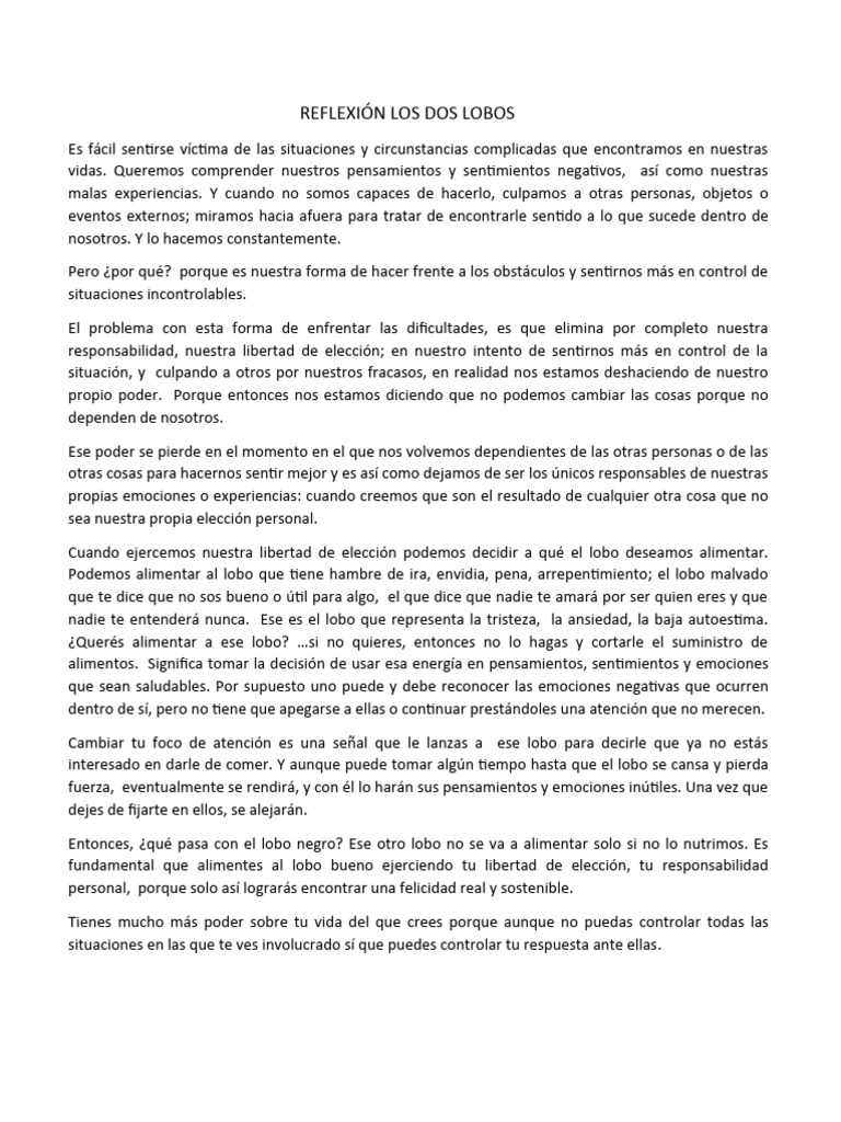 Reflexión Los Dos Lobos | Descargar gratis PDF | Las emociones | Conceptos psicologicos