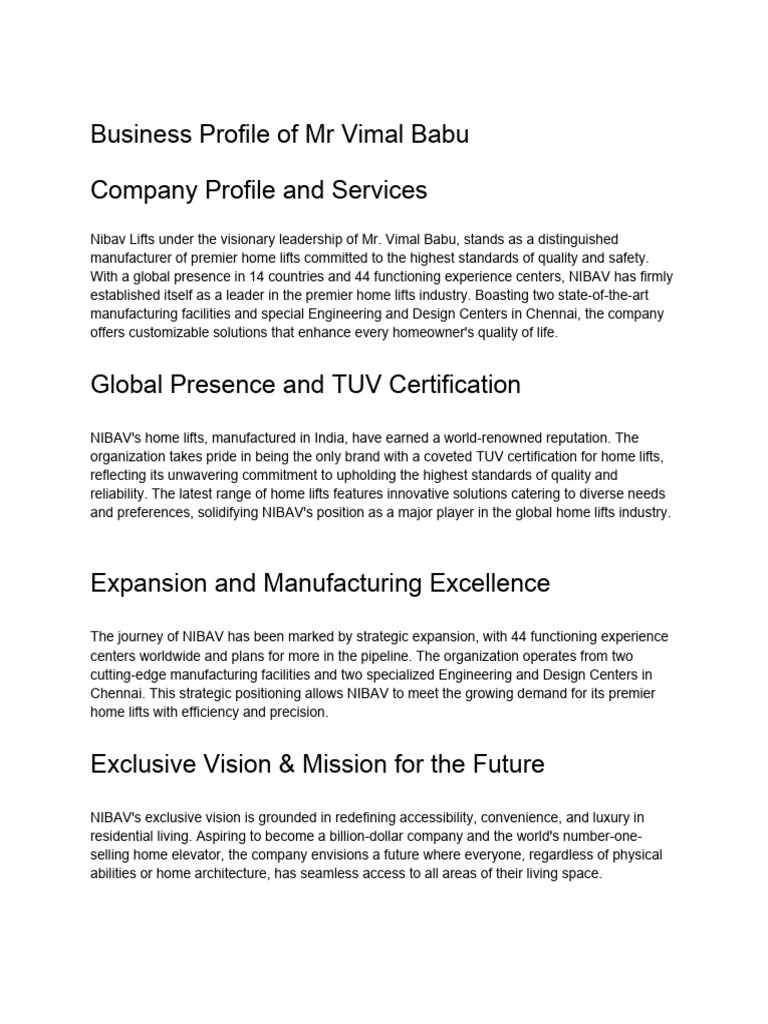 Vimal Babu: Nibav Lifts Company Profile | PDF | Innovation | Elevator