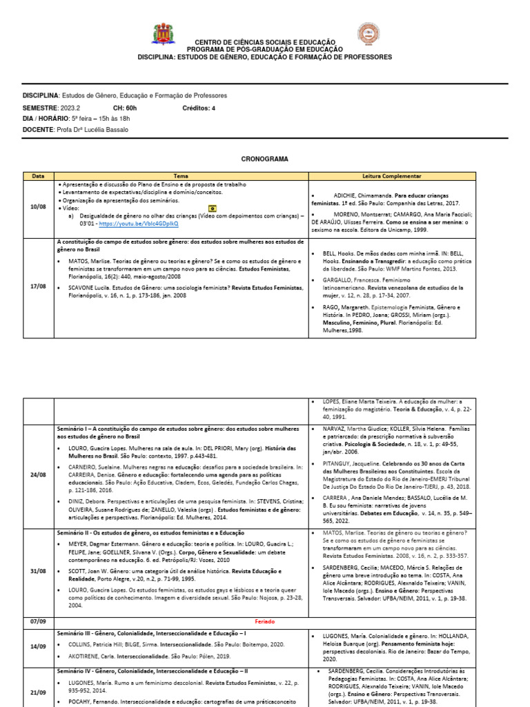 Cronograma de Atividades - Estudos - Genero - EducaÃ Ã o - FP - 2023 | PDF | Gênero | Estudos de ...