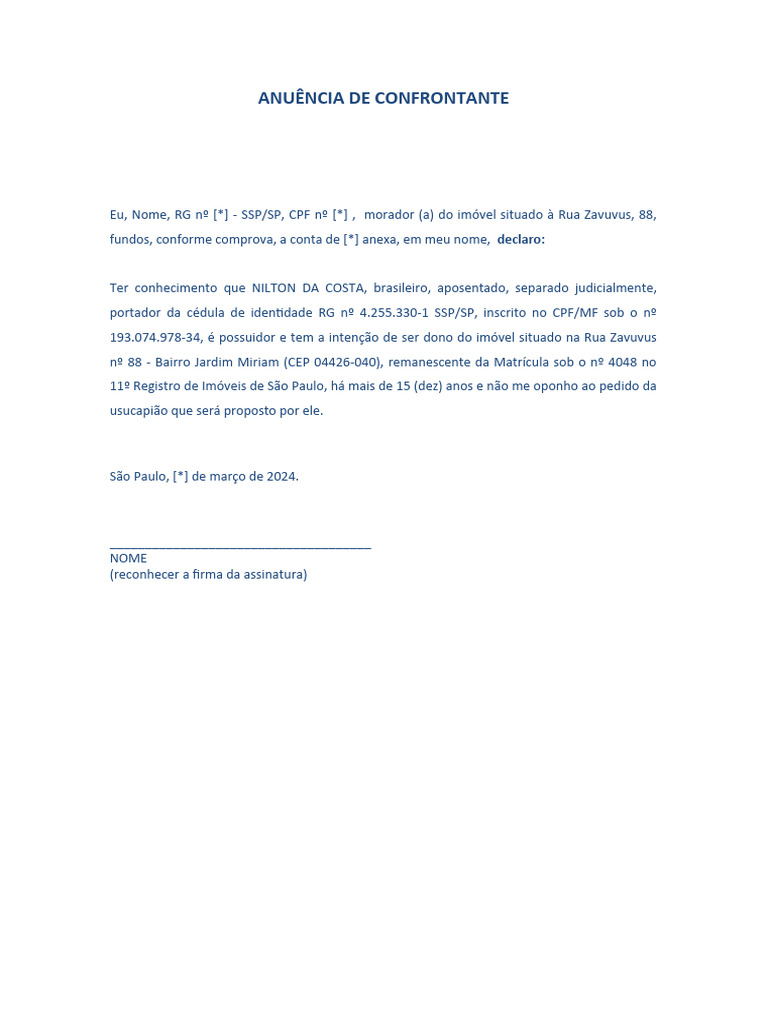(Modelo) Anuência de Confrontante | PDF (Modelo) Anuência de Confrontante | PDF