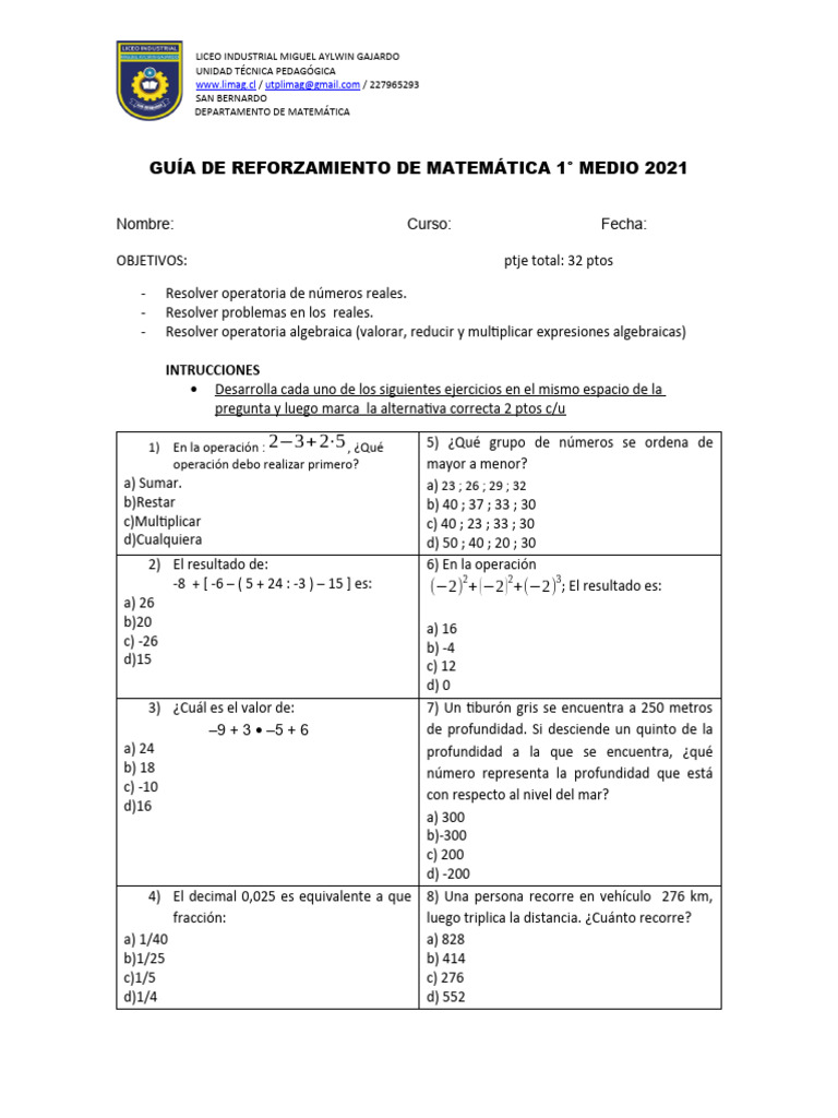 PRUEBA DE MATEMÁTICA - Docx Primero Medio 2021 | PDF | Números | Notación Matemática