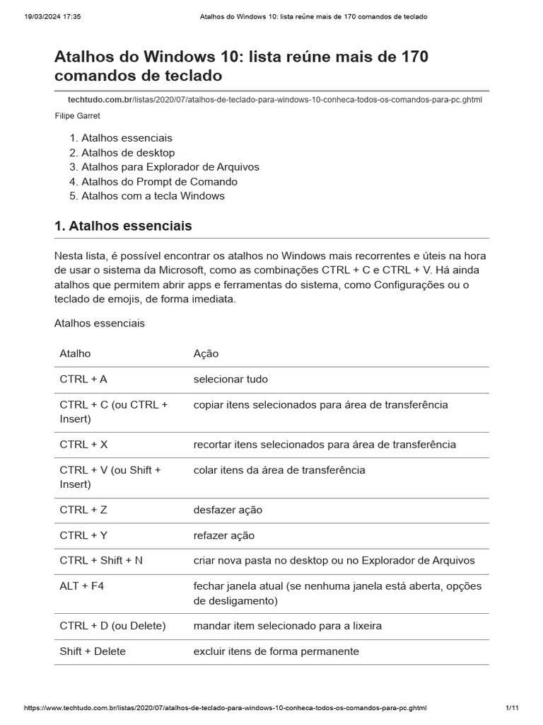 Atalhos Essenciais do Windows 10 | PDF | Botão Ctrl | Windows 10
