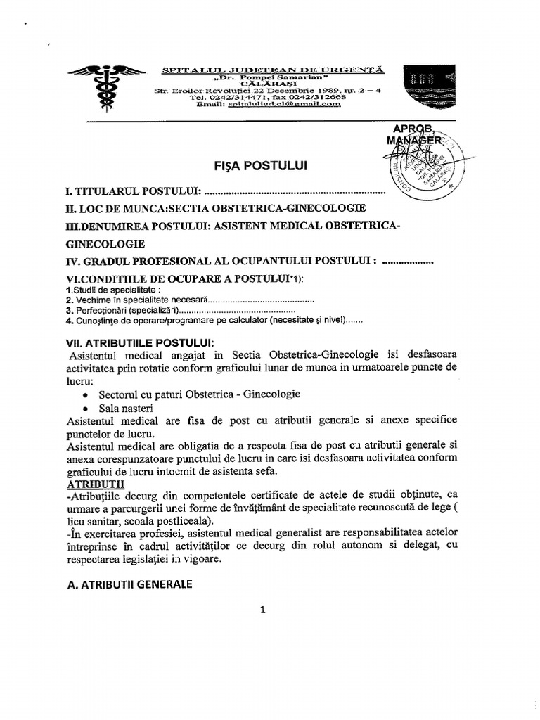 Fisa Postului Asistent Medical Specialitatea Obstetrica Ginecologie | PDF