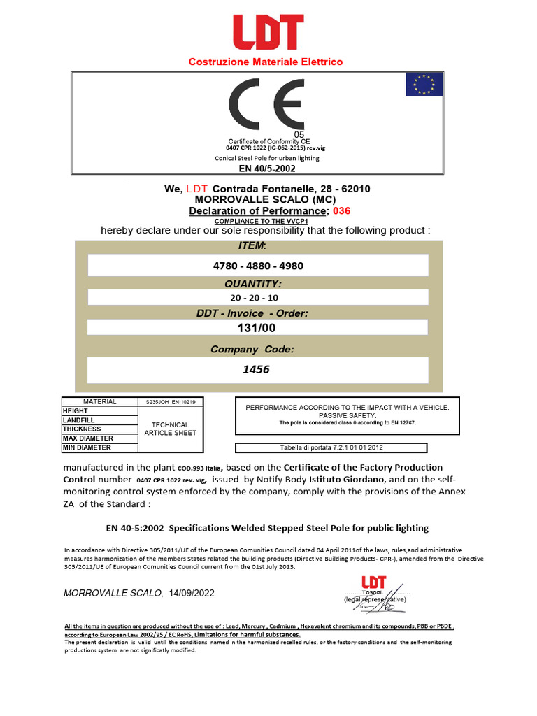 Dop 036 Ce Declaration Of Performance Ddt Invoice Order N 131 