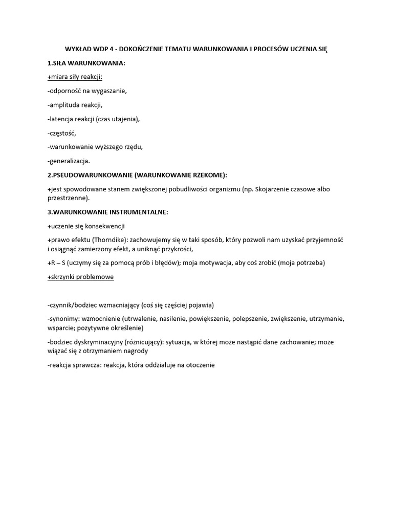 Wykład WDP 4 - Dokończenie Tematu Warunkowania I Procesów Uczenia Się 1 ...