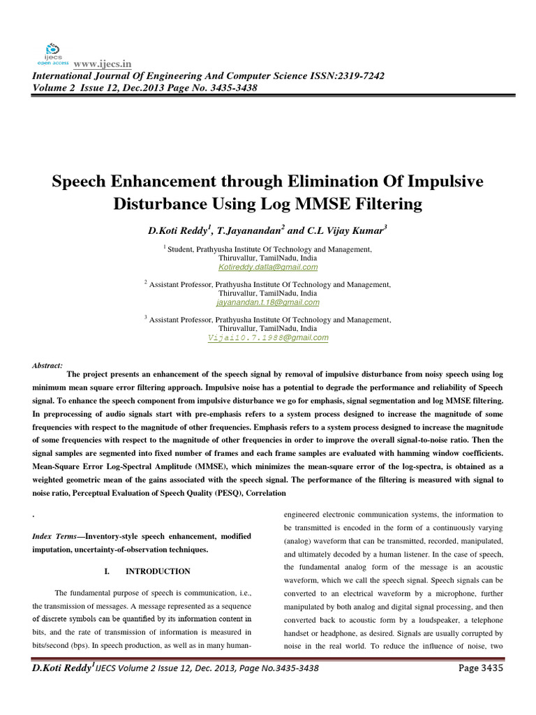 Speech Enhancement Through Elimination Of Impulsive Disturbance Using Log Mmse Filtering Pdf