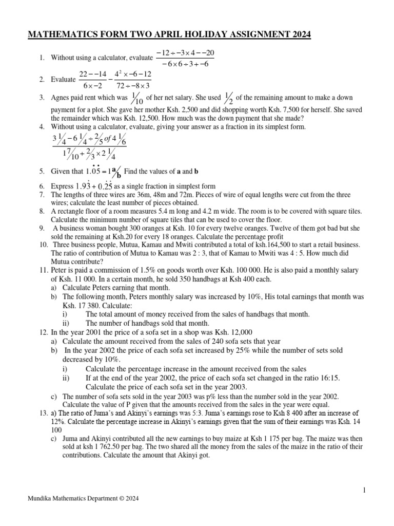 Form 2 April Holiday Math Assignment | PDF | Elementary Geometry ...
