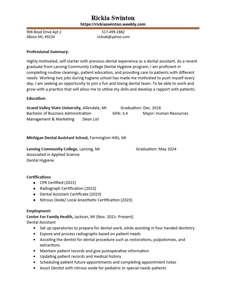 Rickia Resume Word Document | PDF | Dentistry | Dentist