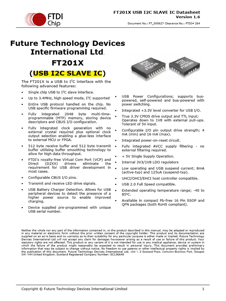 FT201X USB I2C SLAVE IC Datasheet Version 1.6 | PDF | Usb | Microsoft ...