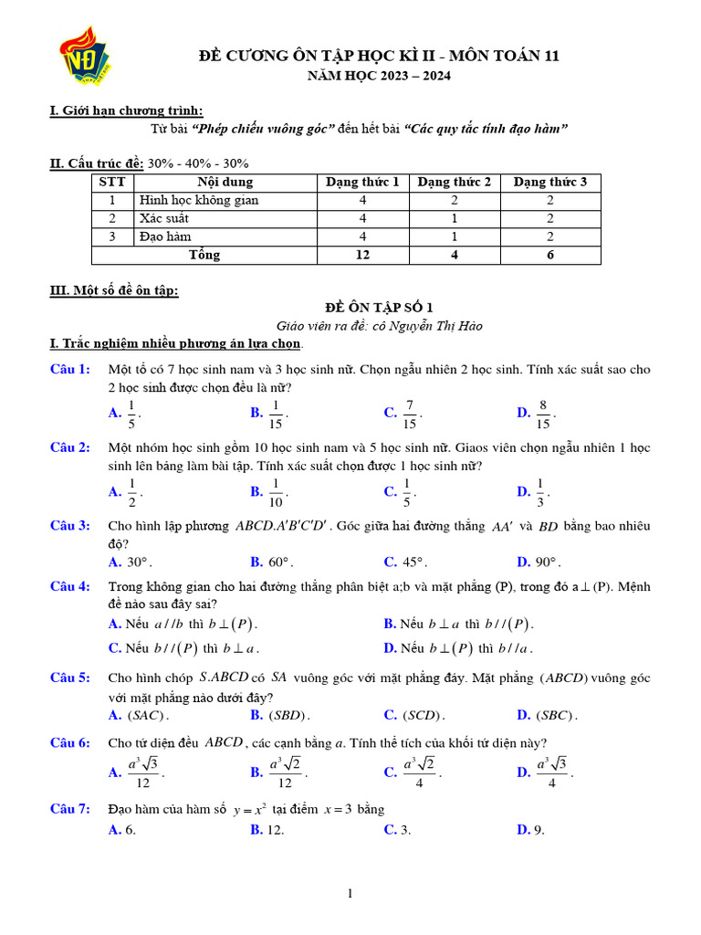 03 de on Tap Cuoi Ki 2 Toan 11 Nam 2023 2024 Truong Thpt Viet Duc Ha Noi | PDF