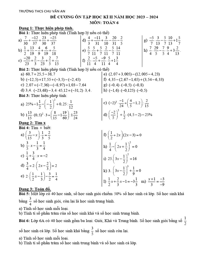 De Cuong Hoc Ki 2 Toan 6 Nam 2023 2024 Truong Thcs Chu Van An Ha Noi | PDF