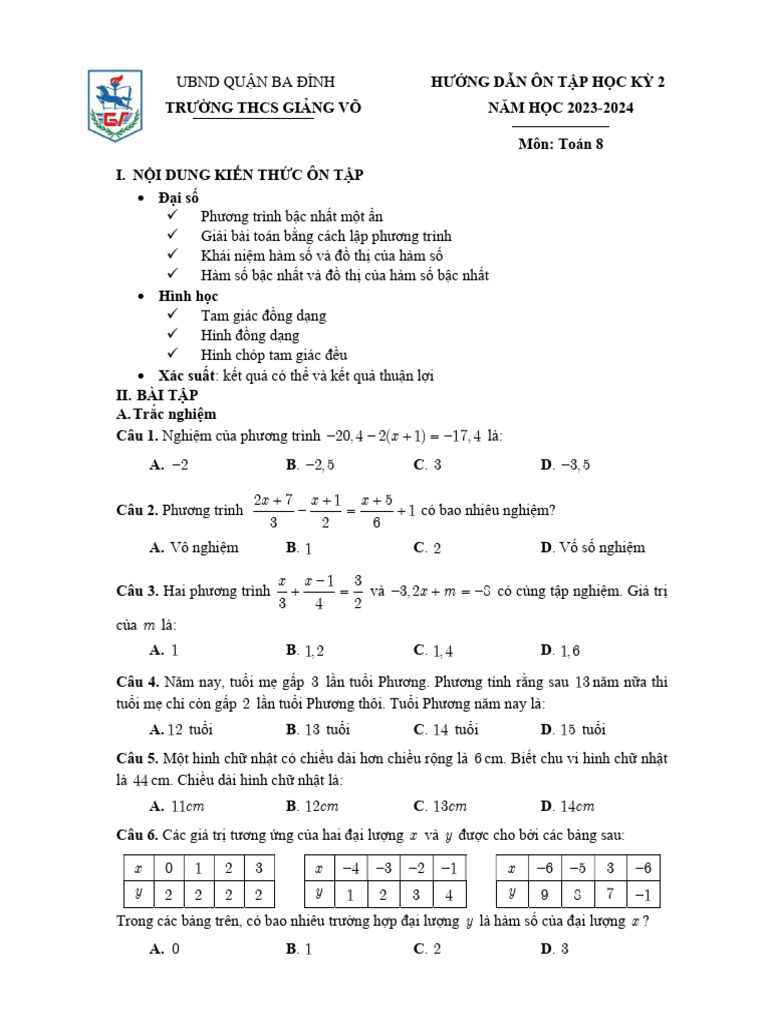 De Cuong Hoc Ky 2 Toan 8 Nam 2023 2024 Truong Thcs Giang Vo Ha Noi | PDF