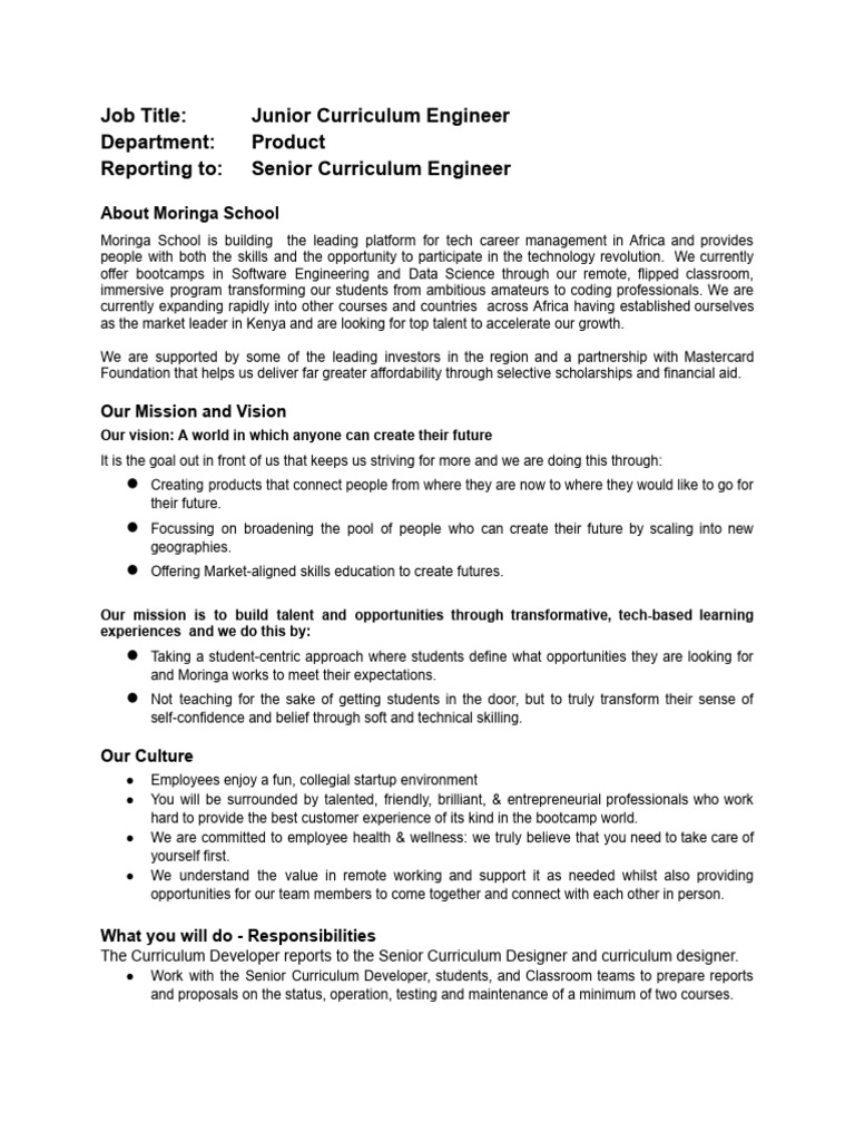 Junior Curriculum Engineer - JD (For Work Assessment) | PDF ...