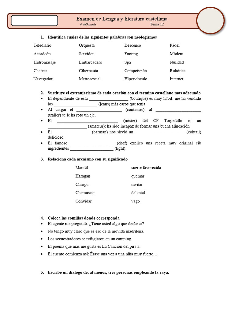 Examen 6º Primaria Lengua | PDF | Lingüística