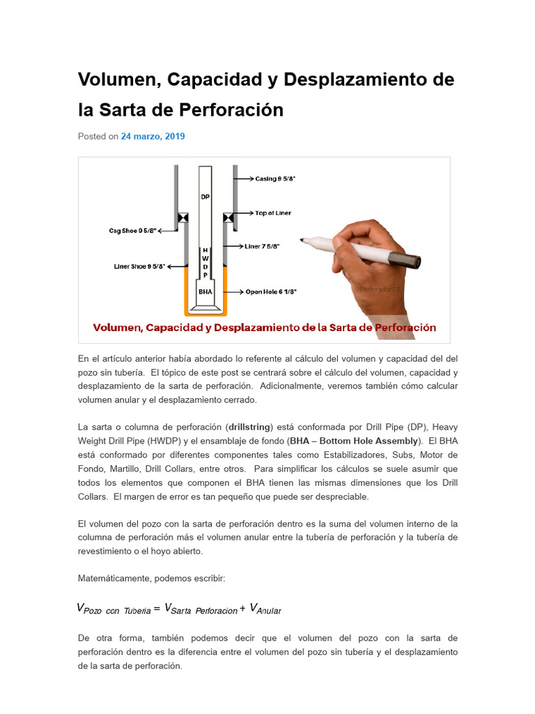 Volumen, Capacidad y Desplazamiento de la Sarta de Perforación ...