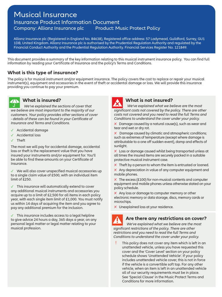 Musical Insurance: Insurance Product Information Document | PDF ...
