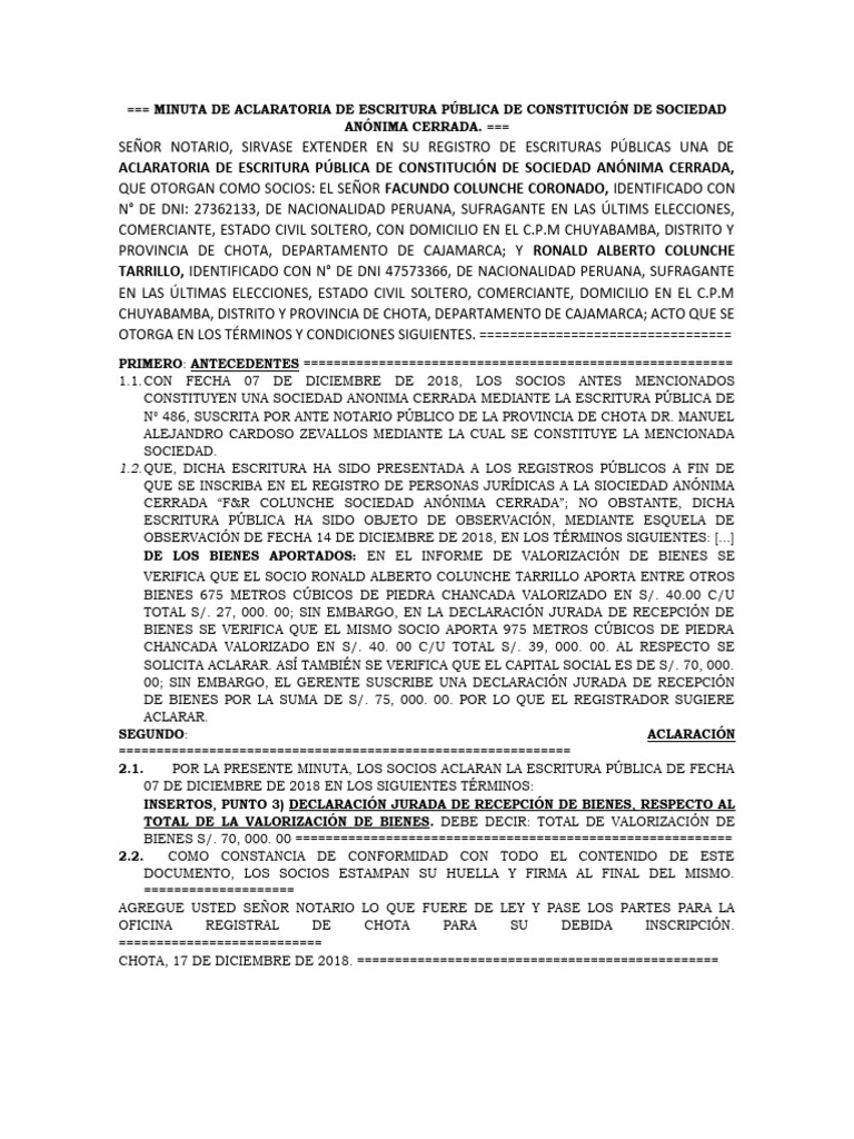 Minuta de Aclaratoria de Escritura Pública de Constitución de Sociedad Anónima Cerrada | PDF ...