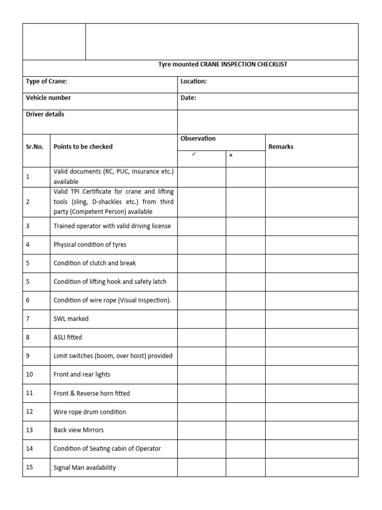 Tyre Mounted Crane Inspection Checklist | PDF