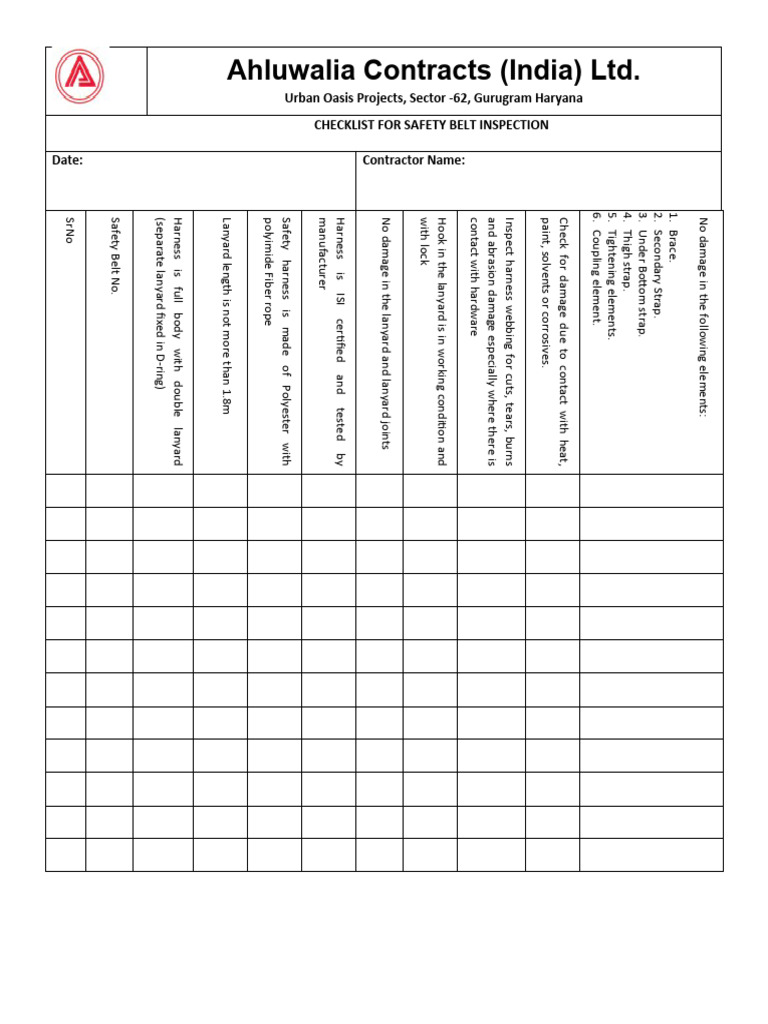 Checklist For Safety Belt Inspection | PDF | Equipment